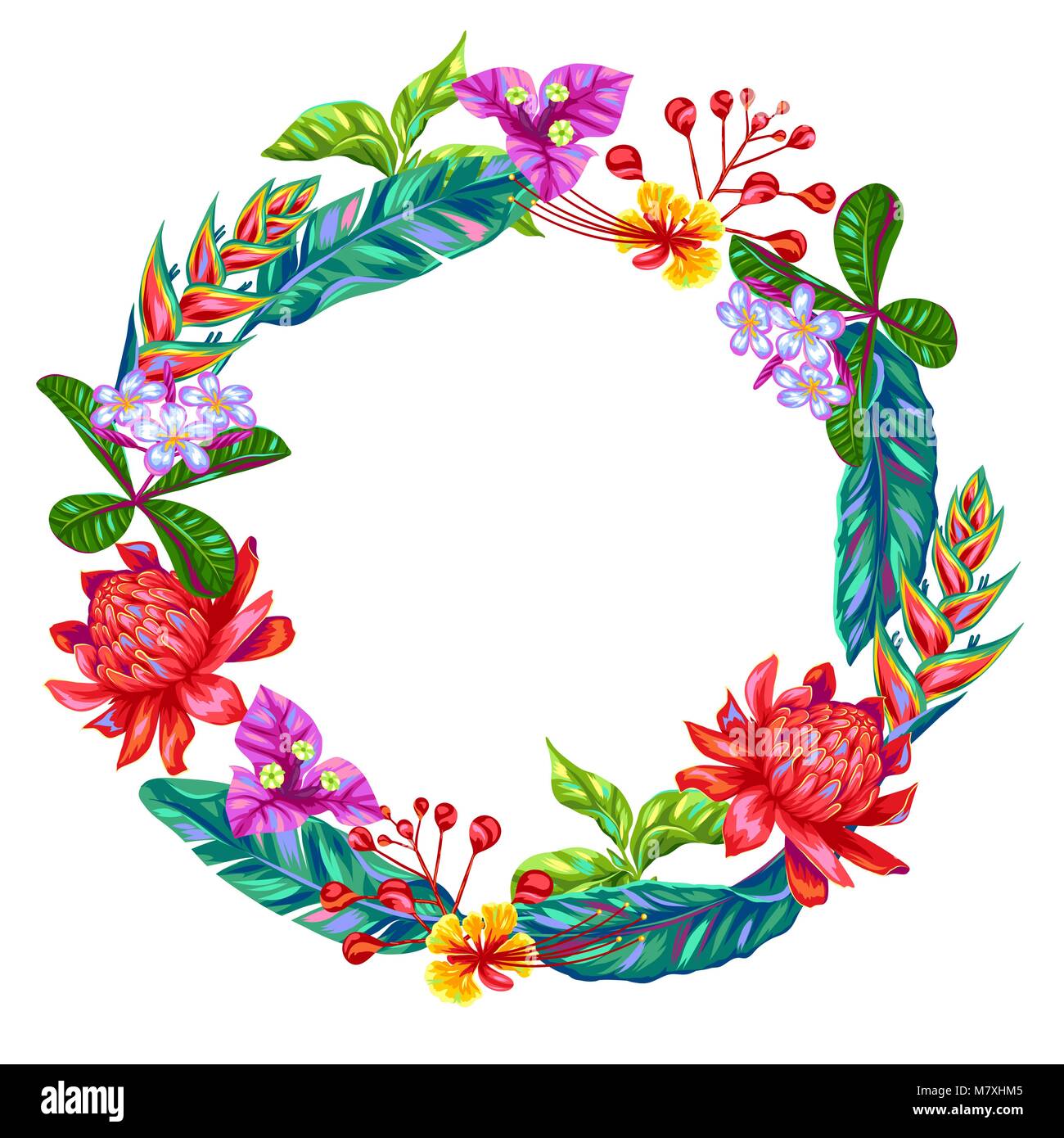 Decorative frame with Thailand flowers. Tropical multicolor plants ...