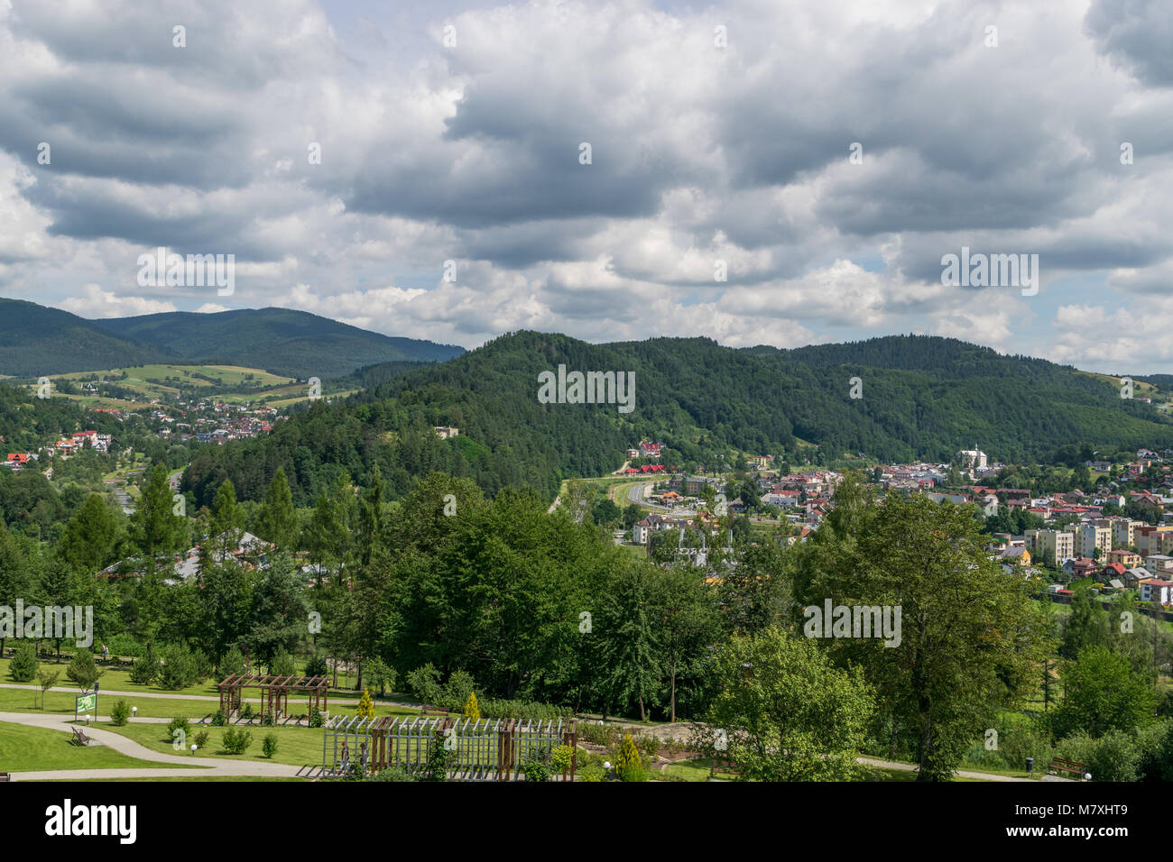 View at the nearby mountains from the magic garden tower in Muszyna ...