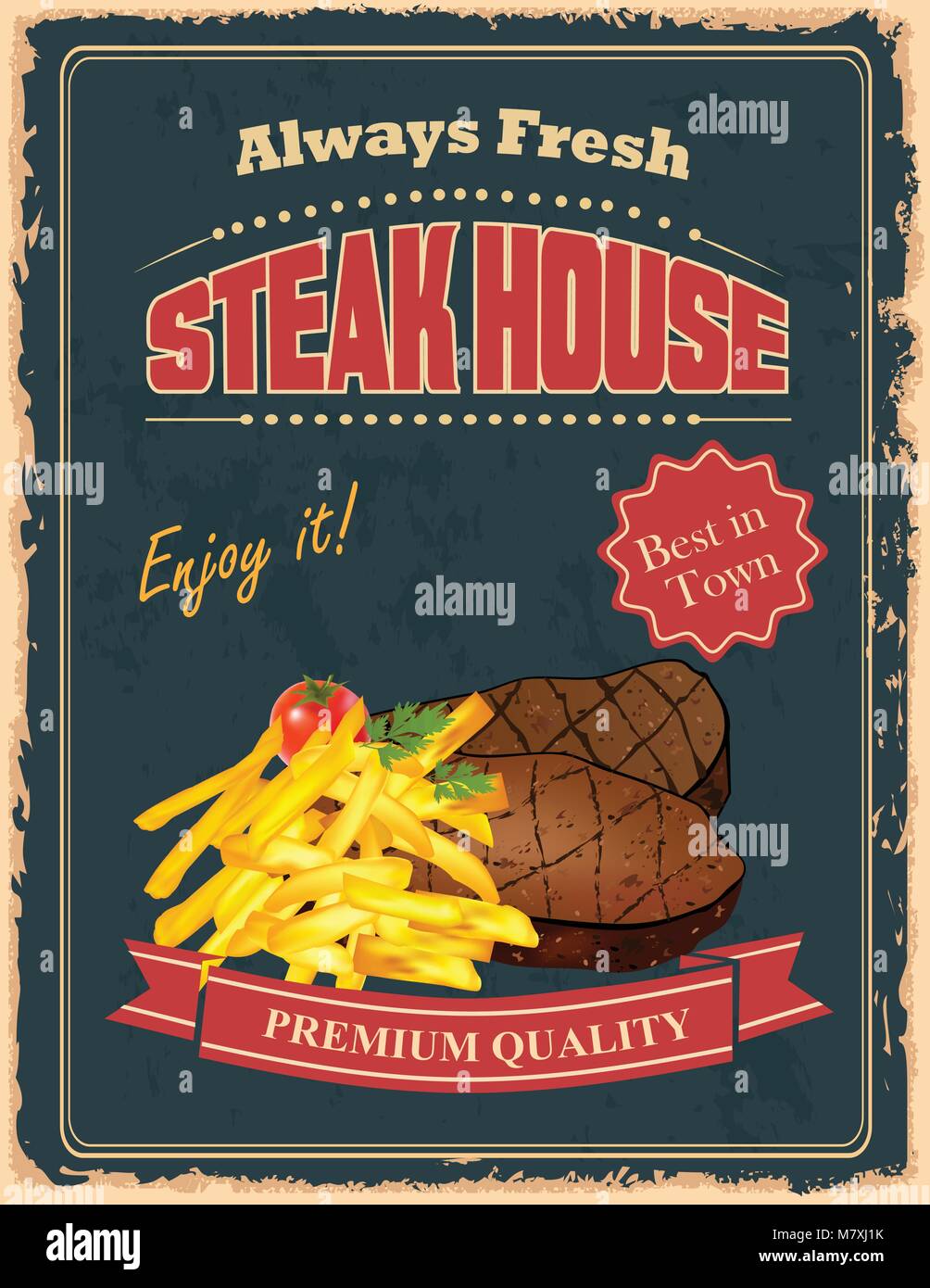 Vintage Steak House poster design with french fry and delicious beef ...