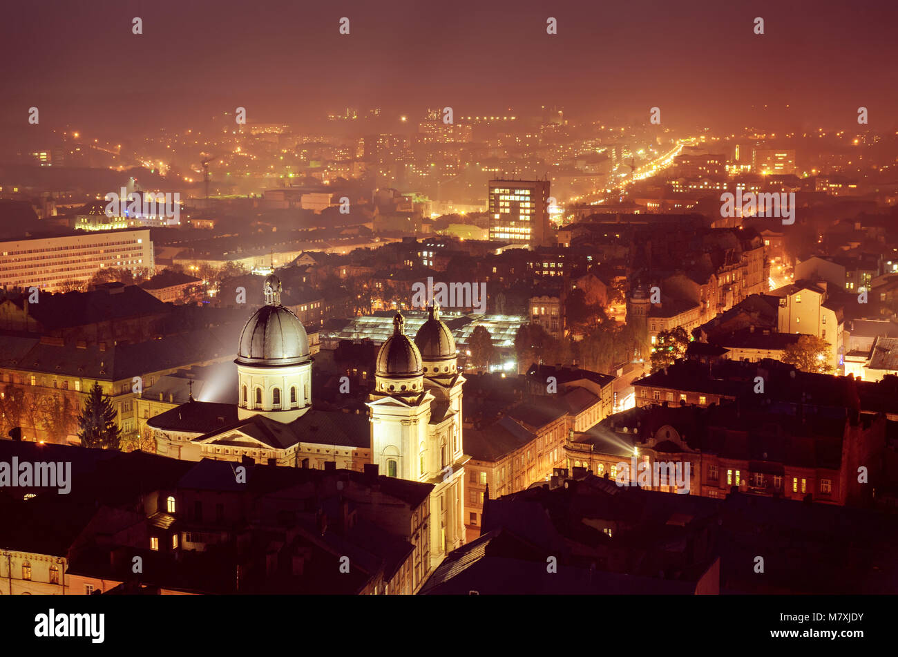Twilight view of western european city Lviv, architecture background in ...