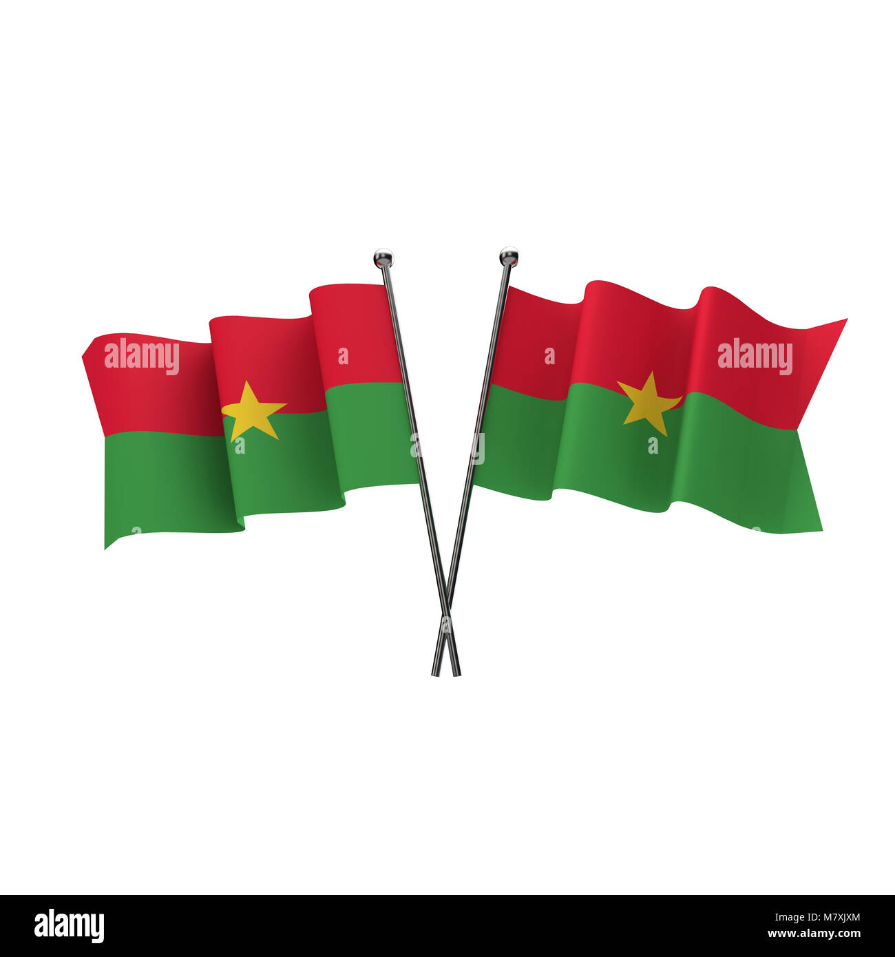 Burkina Faso flags crossed isolated on a white background. 3D Rendering ...