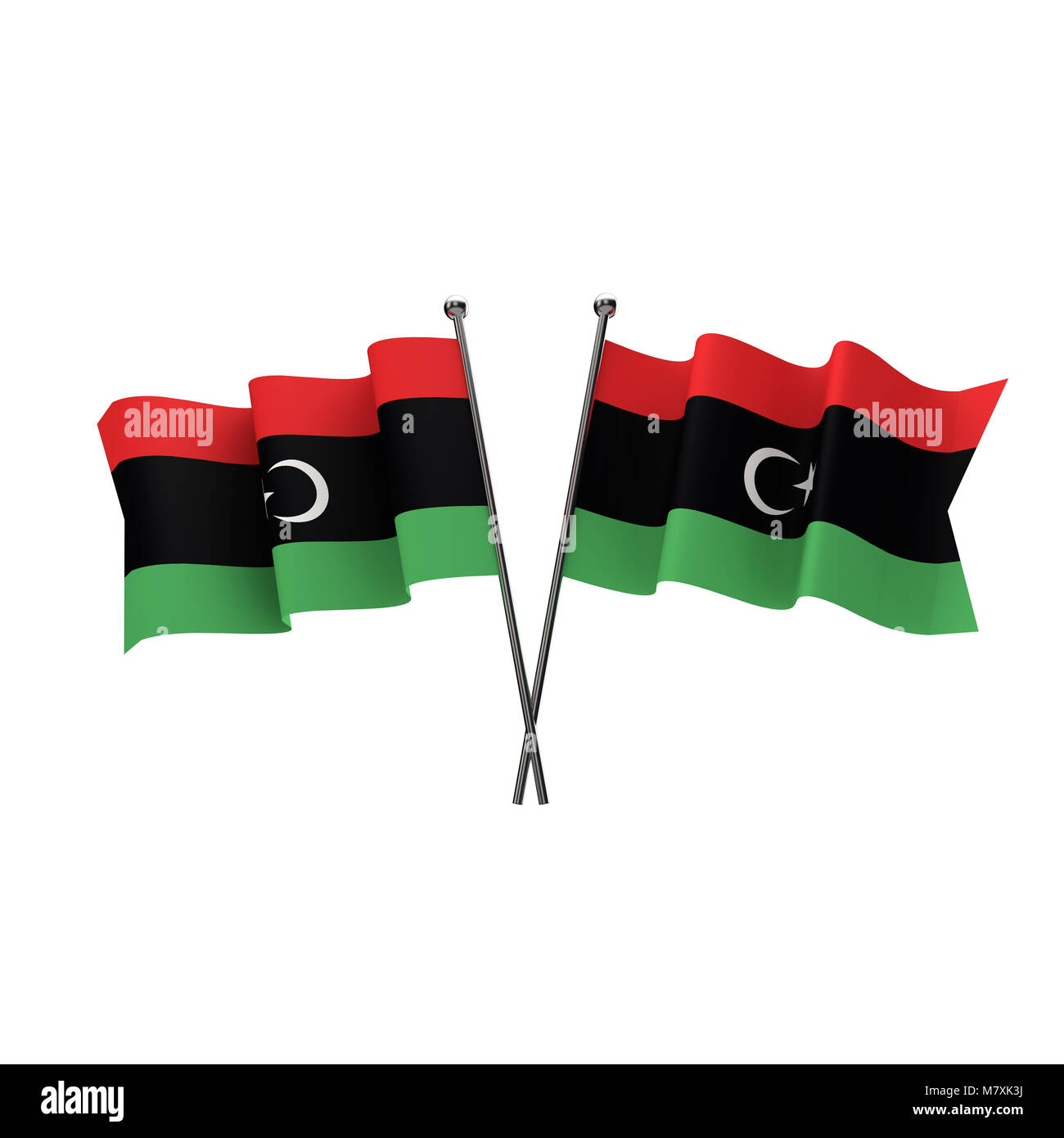 Libya flags crossed isolated on a white background. 3D Rendering Stock ...
