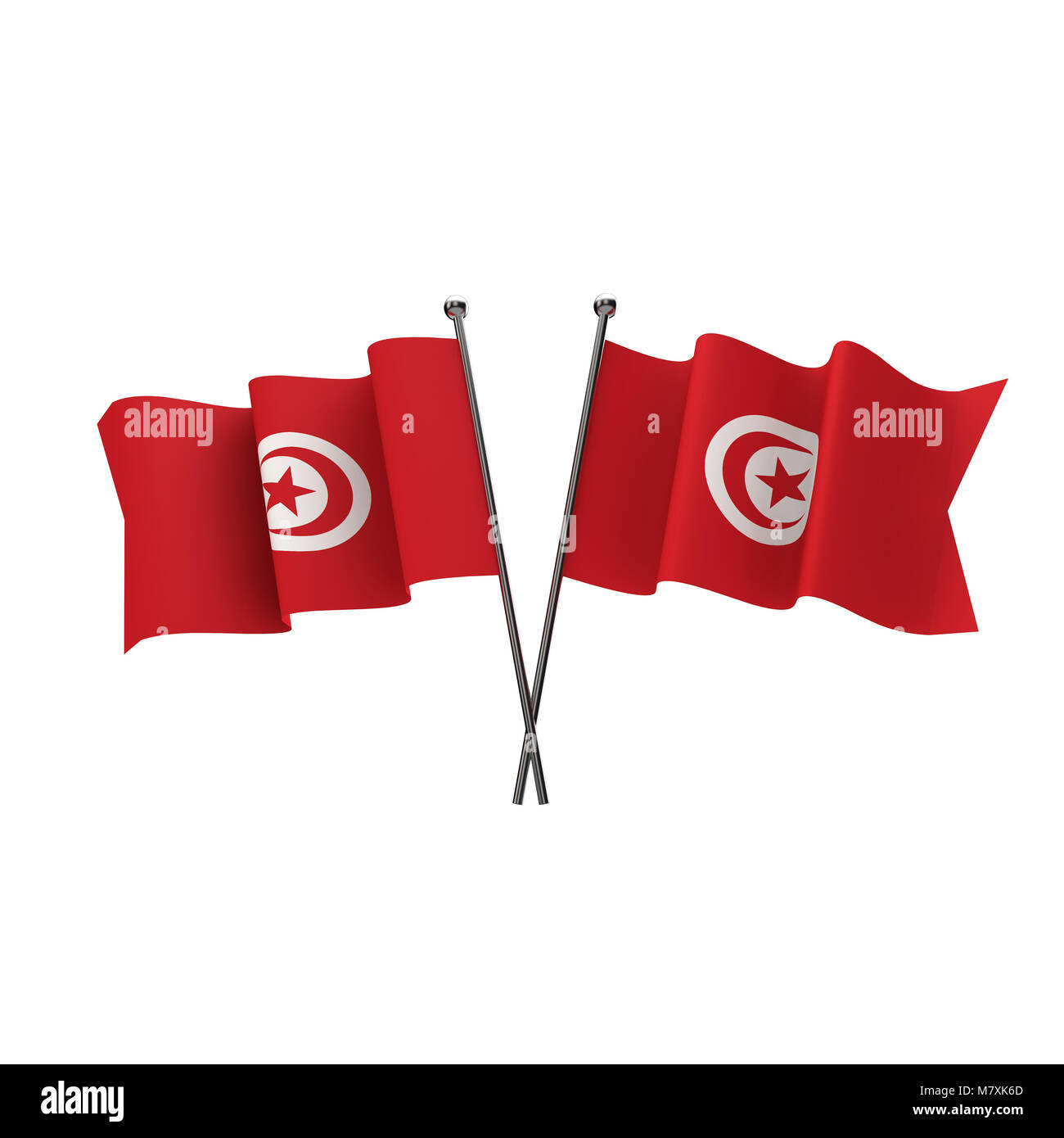 Tunisia flags crossed isolated on a white background. 3D Rendering ...
