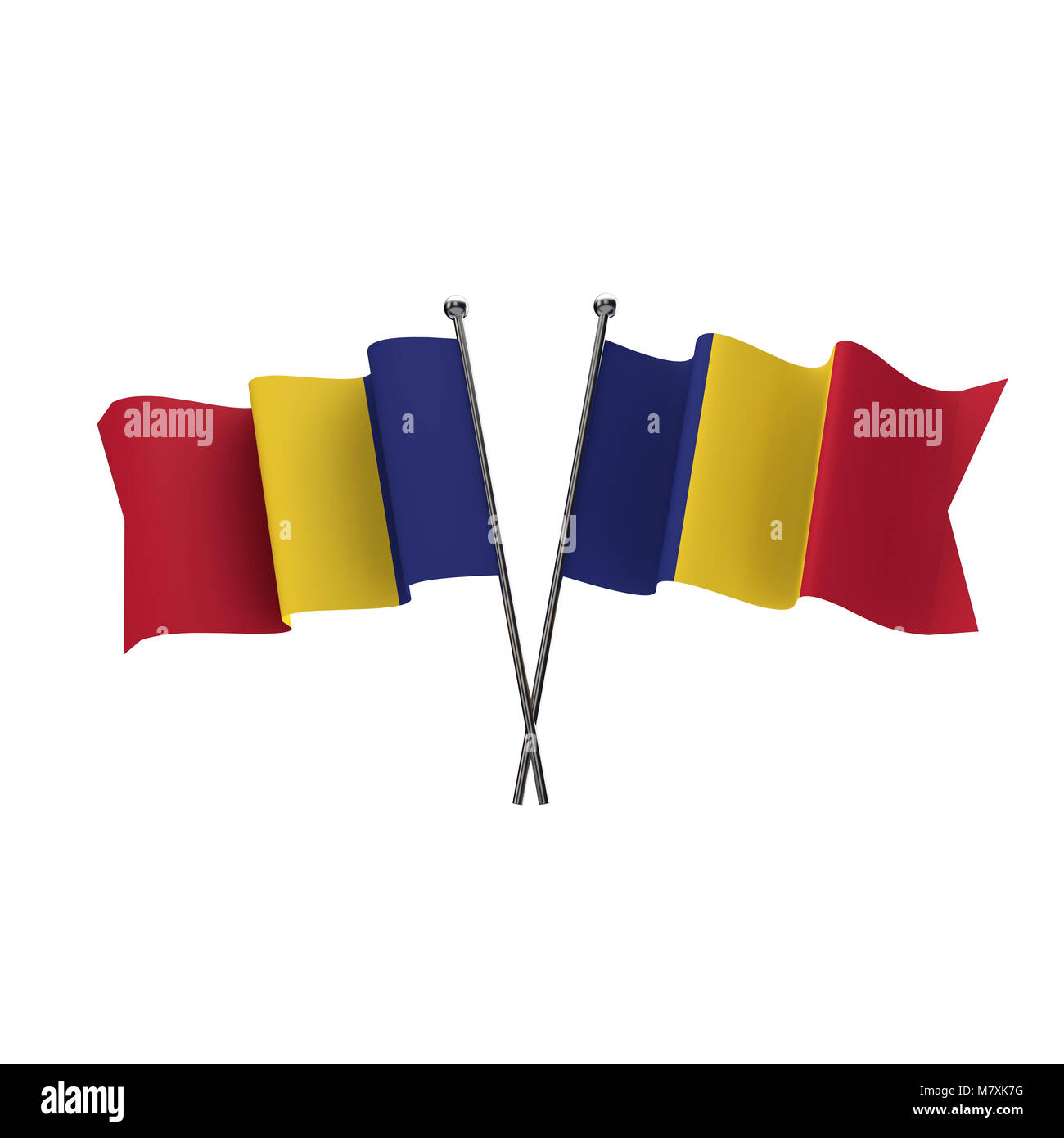 Romania flags crossed isolated on a white background. 3D Rendering ...