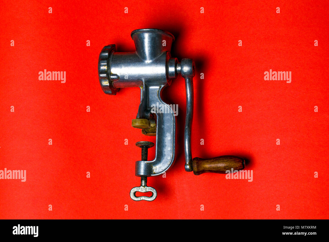 ordinary old meat grinder on a red background, flat lay image Stock ...