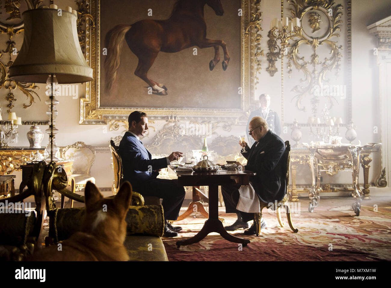 DARKEST HOUR, from left: Ben Mendelsohn as King George VI, Gary Oldman ...