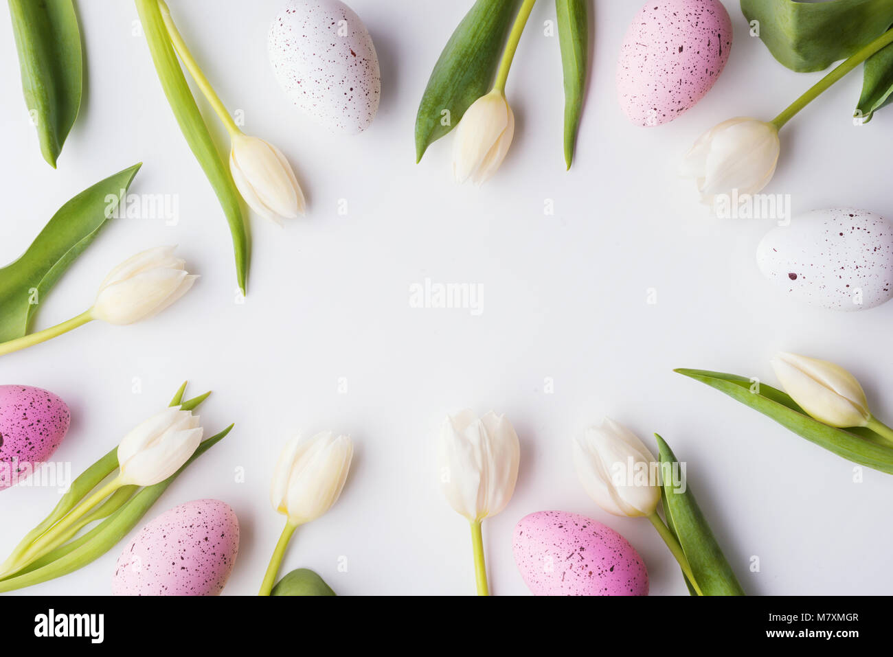 White flowers and speckled eggs on a white background. Studio shot. Easter and spring flat lay ...