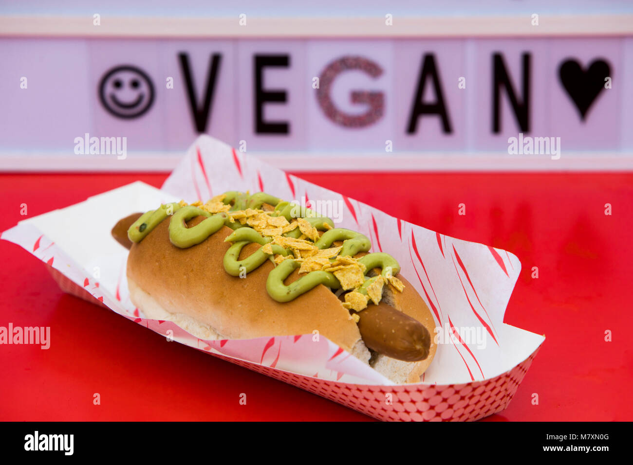 Vegan hot dog, street food stall Stock Photo - Alamy