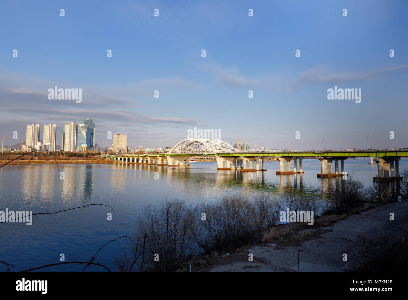 Bridge view of the Seonyudo Park with sunset in Seoul, South Korea ...