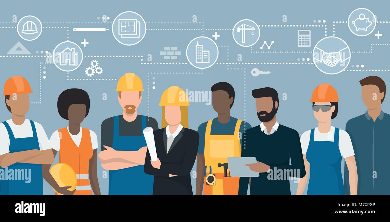 Construction workers and engineers team working together and network of ...