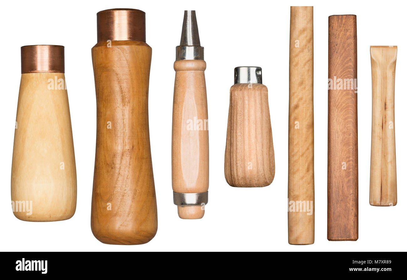 Wooden manual tool handles isolated on white background Stock Photo - Alamy