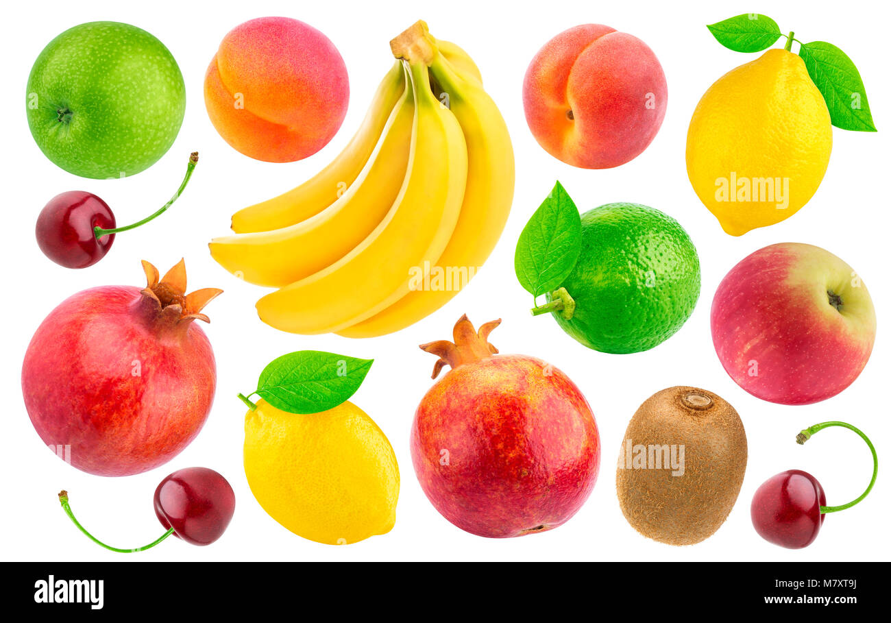 Set of various whole fruits and berries isolated on white background ...