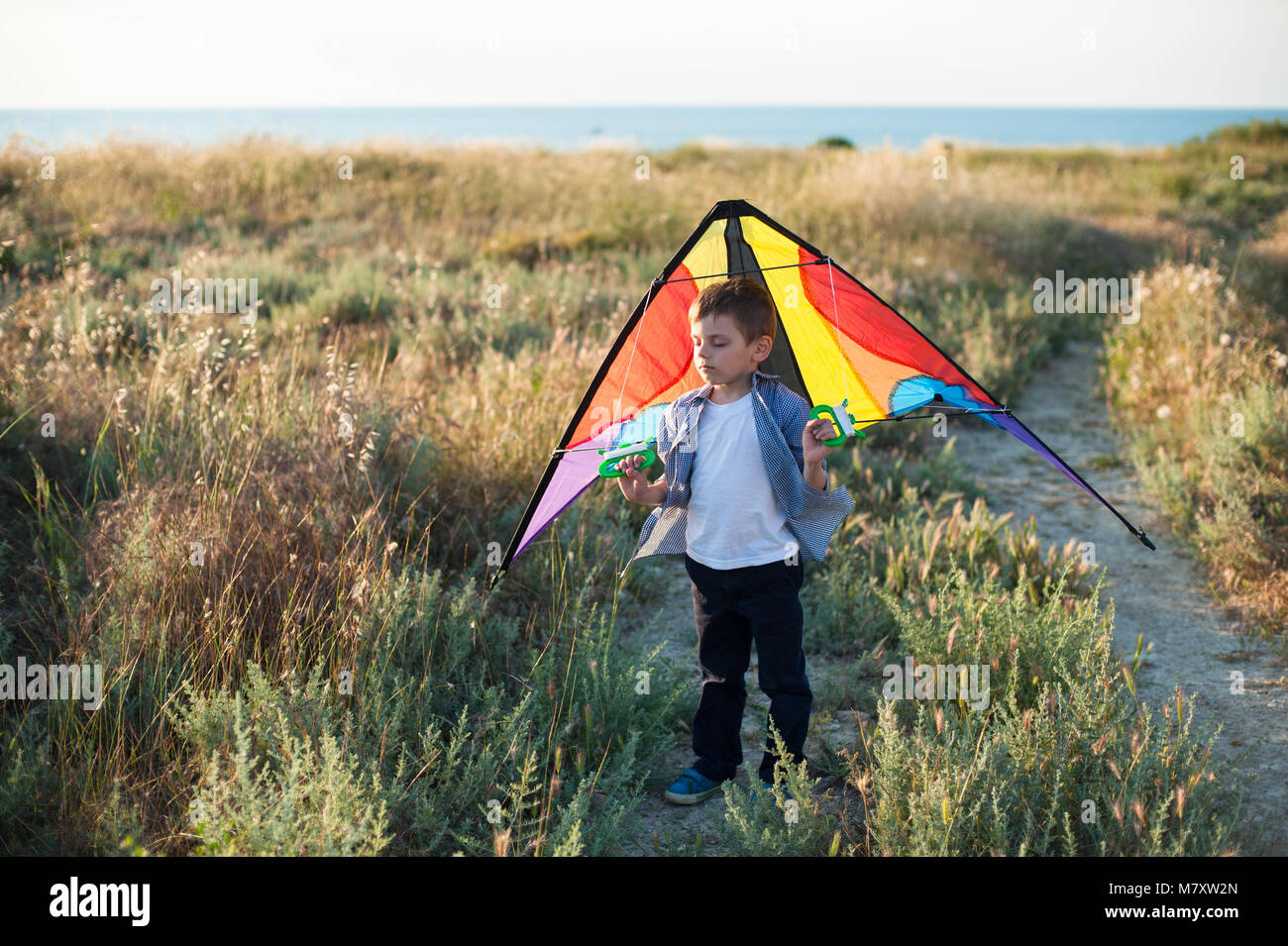 dreamy cute little kid with colorful kite behind his back standing in ...