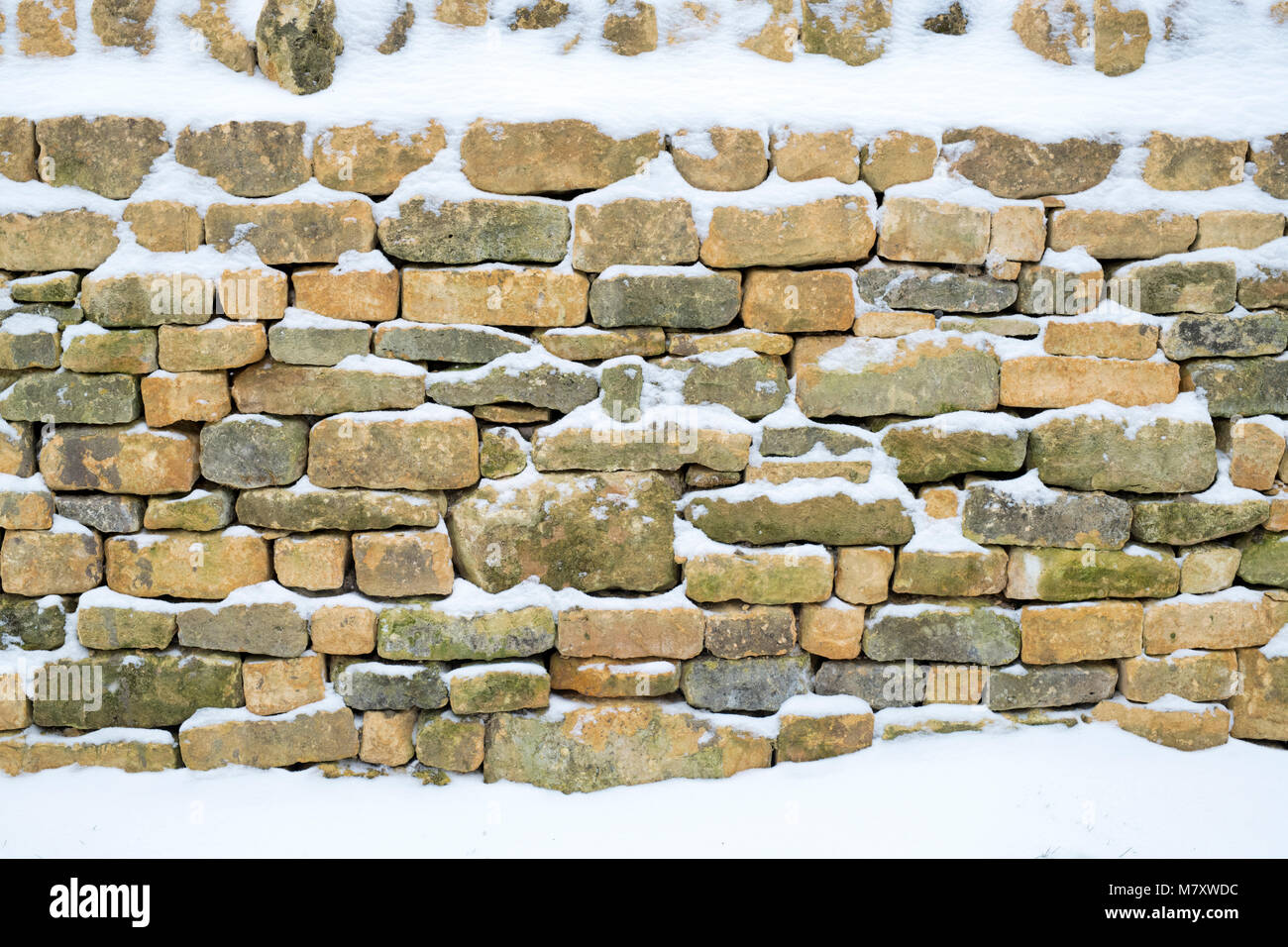 Cotswold dry stone wall covered in snow in the english countryside ...