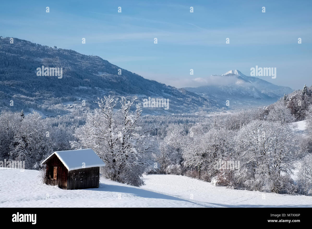 A snow-covered landscape near Samoens in the Giffre Valley in the Haute ...