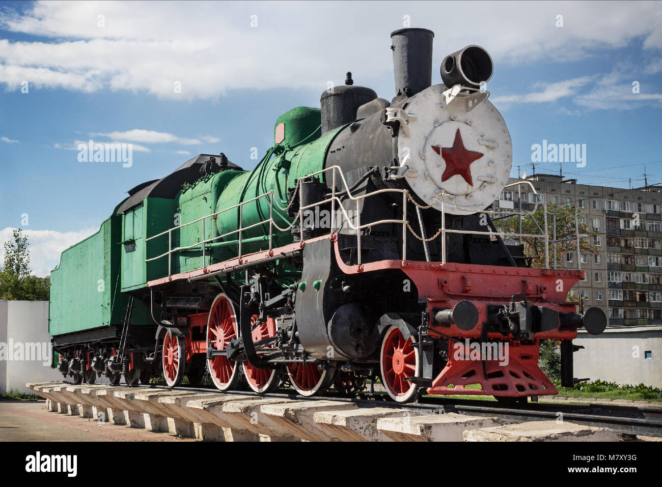 Monument to Russian steam locomotive, built in 1949. Nizhny Novgorod ...