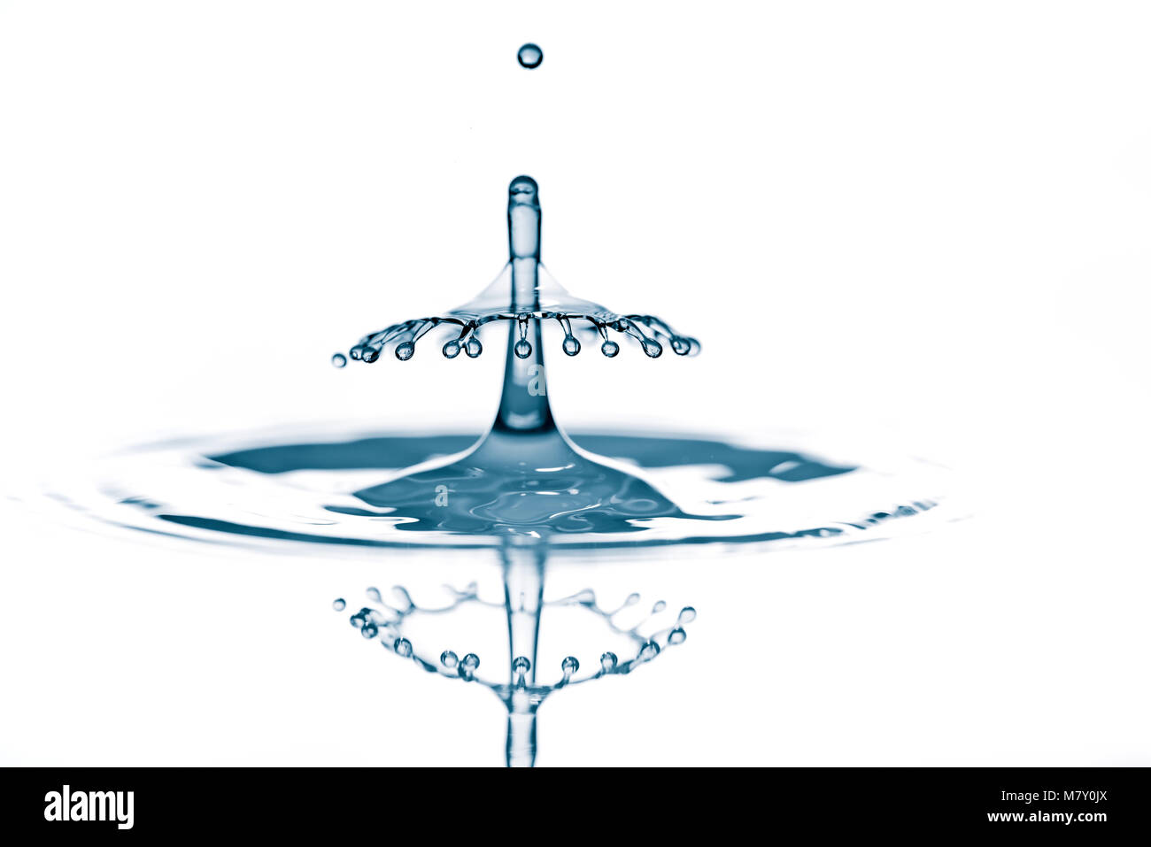 Splash and crown on rippled blue liquid or water surface . Water splash ...