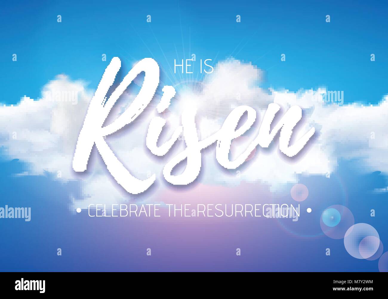 Easter Holiday illustration with heavenly light and cloud on blue sky background. He is risen ...