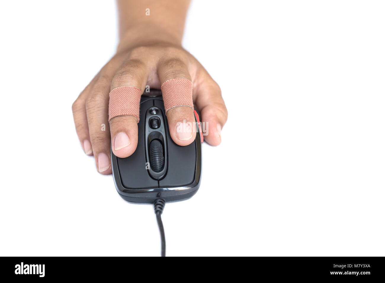 Close up hand with injury on finger using computer mouse. Isolated on ...