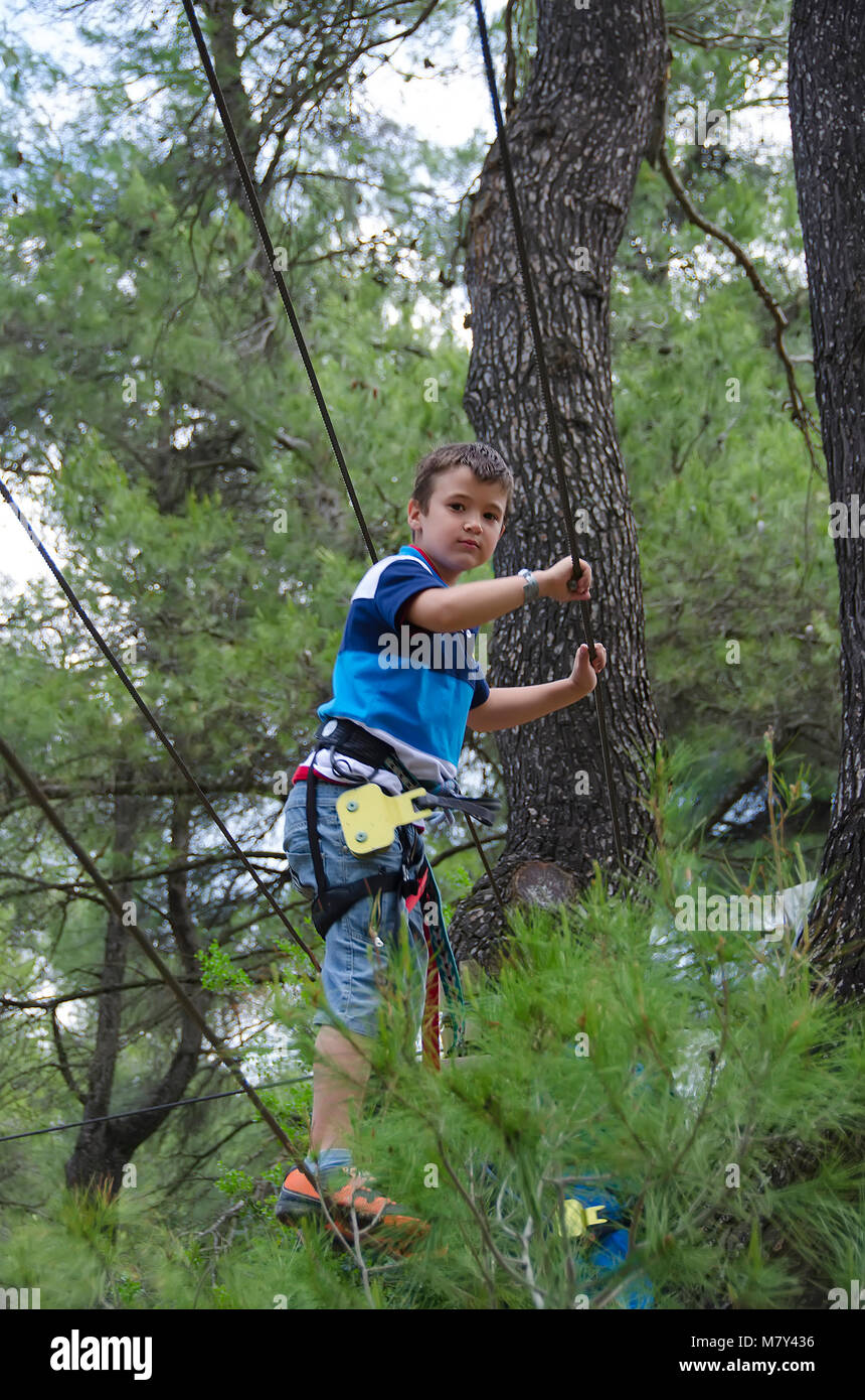 Boy walk in cables and having fun at an adventure game area Stock Photo ...