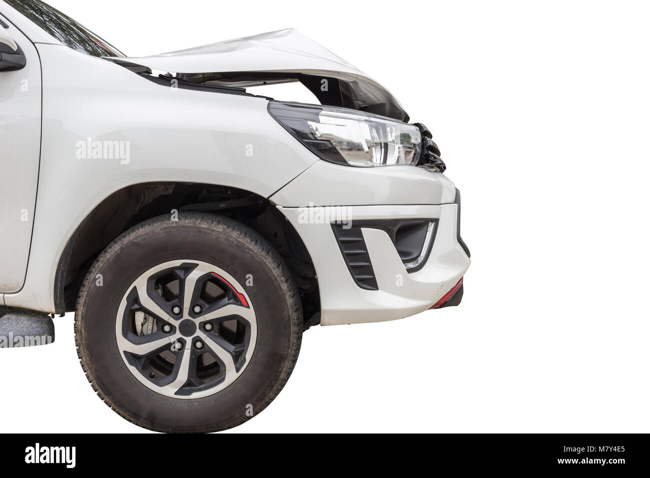 Front of white pickup car get damaged by accident on the road. Isolated ...