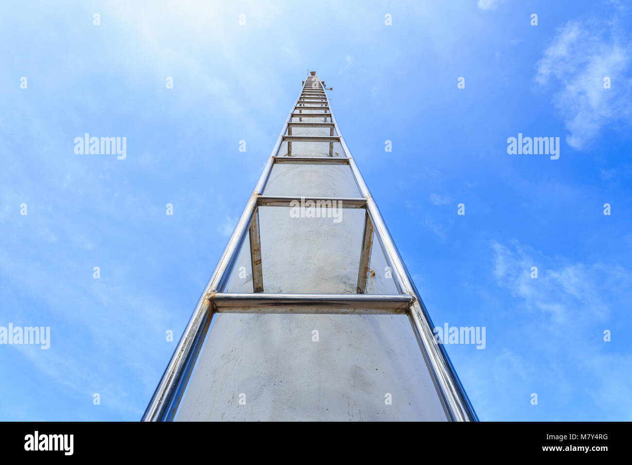 Close up high steel ladder on clear blue sky background Stock Photo - Alamy