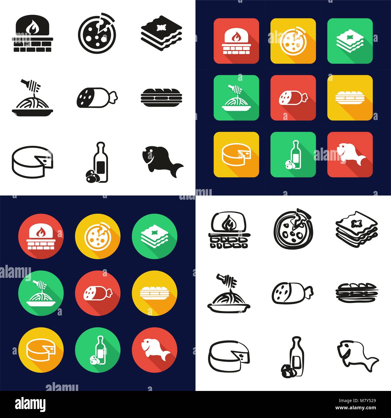 Italian Food All in One Icons Black & White Color Flat Design Freehand ...
