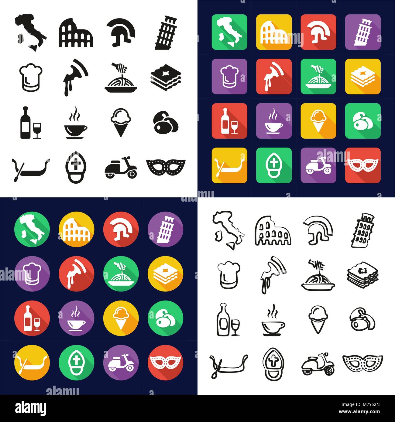 Italy All in One Icons Black & White Color Flat Design Freehand Set ...