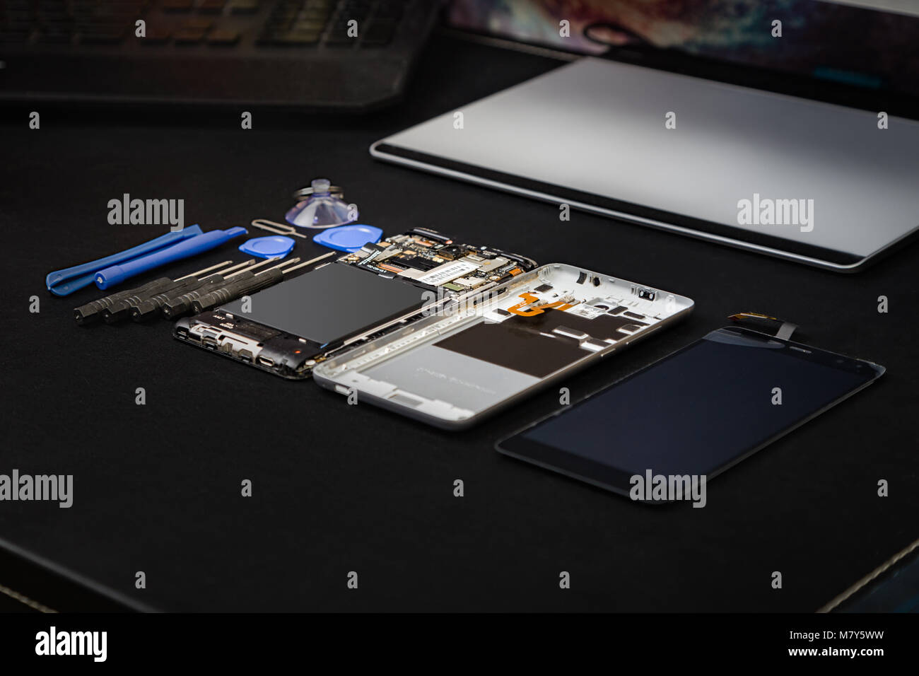 Workplace of the repairman with telephone and special purpose tools ...