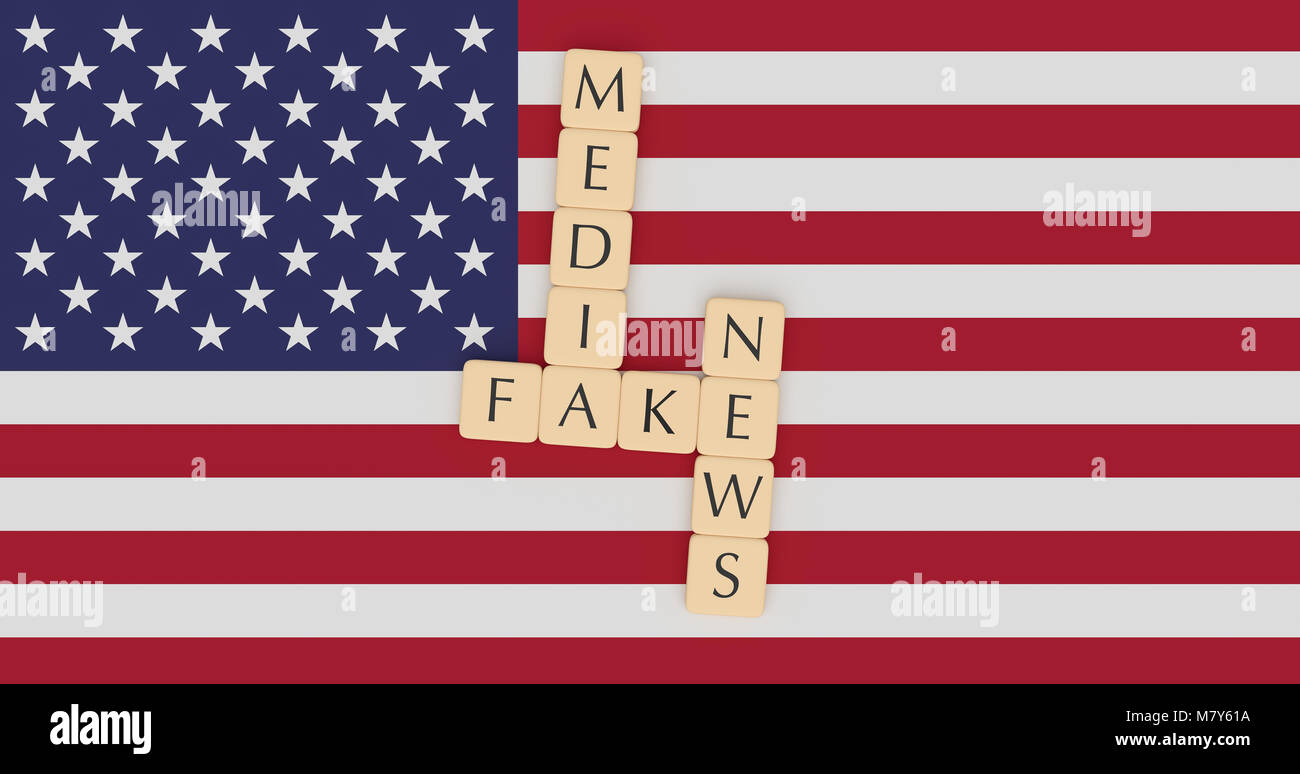 USA Politics News Concept: Letter Tiles Fake News Media On US Flag, 3d ...