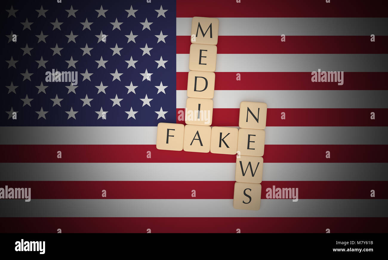 USA Politics News Concept: Letter Tiles Fake News Media On US Flag, 3d ...