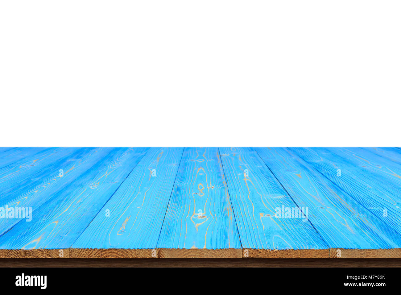 Empty top of blue wooden table or counter isolated on white background ...