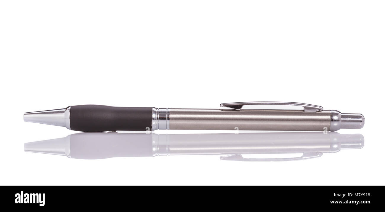 New silver ballpoint pen. Studio shot isolated on white background ...