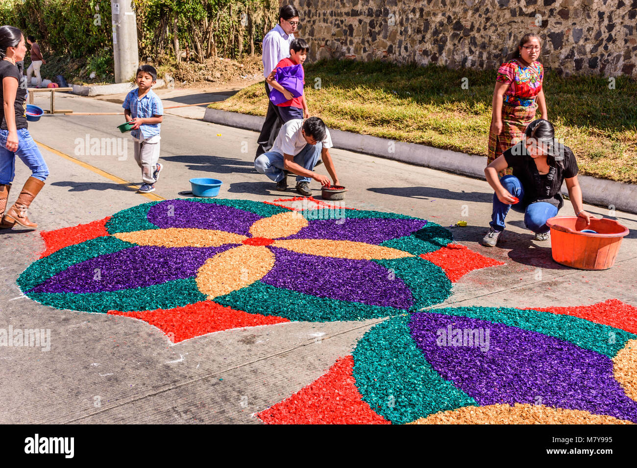 Antigua, Guatemala - February 18, 2018: Decorating dyed sawdust Lent ...