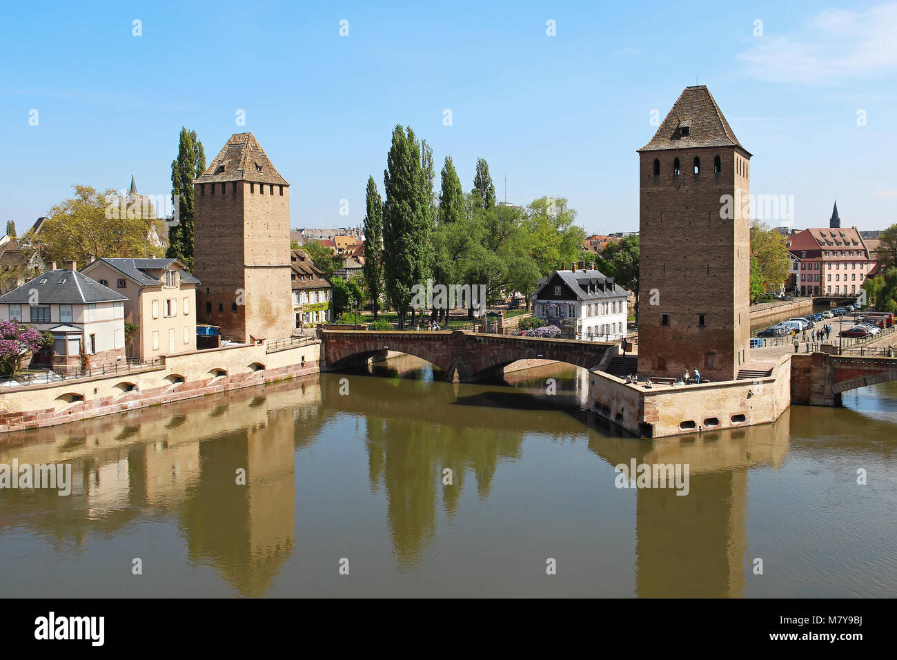 Ponts Couverts towers and water canals in downtown Strasbourg, Alsace ...
