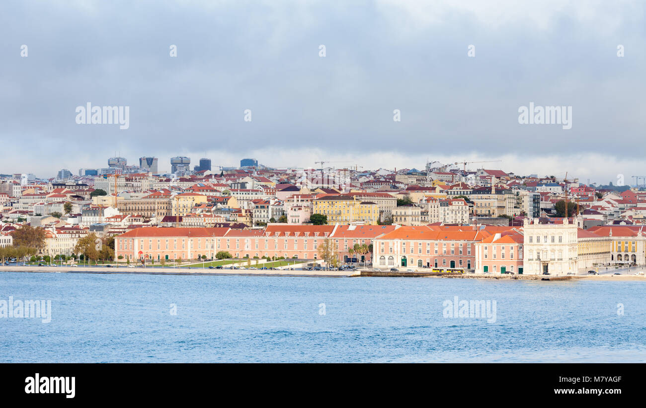 The view across the Tagus River towards the Lisbon waterfront and ...