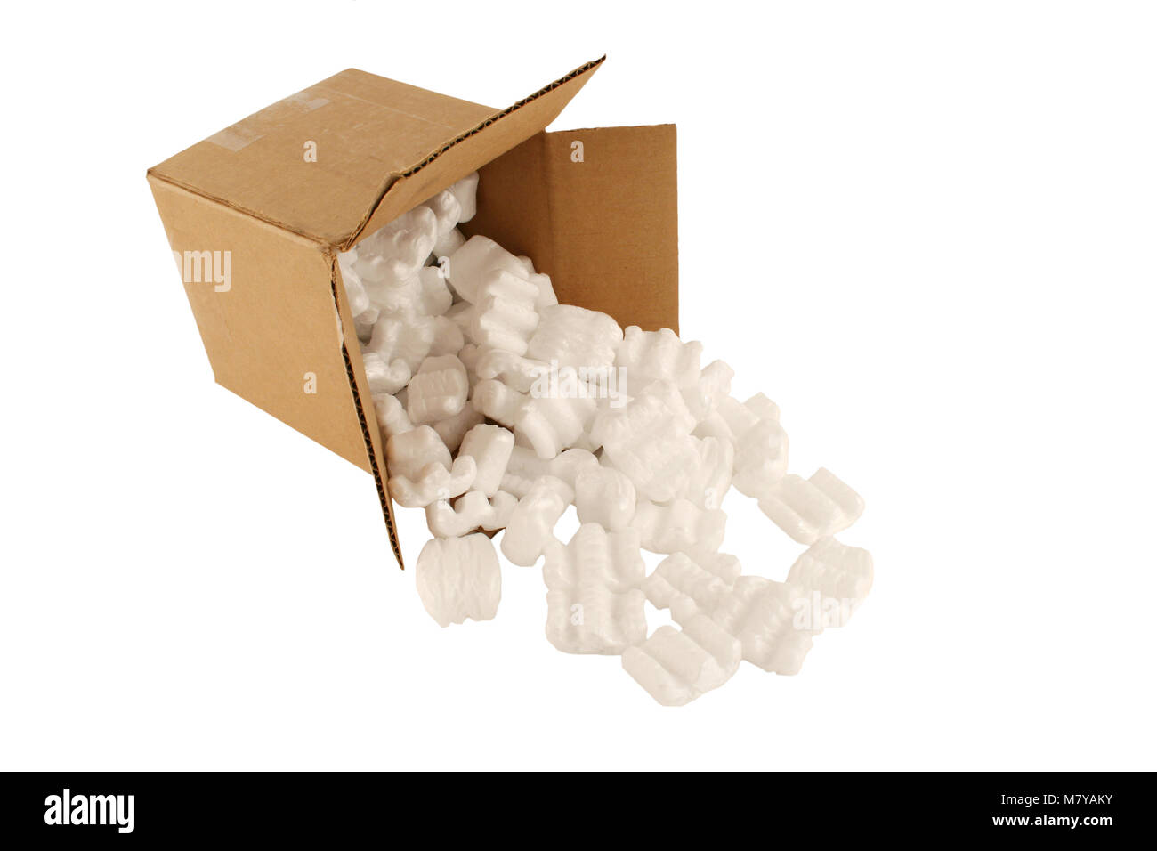 Isolated open cardboard box with spilled packing peanuts Stock Photo ...