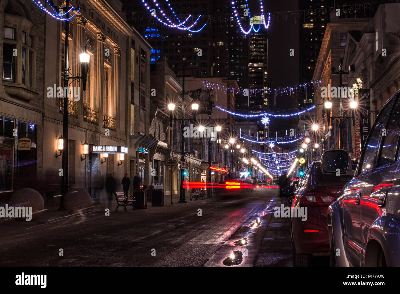 Calgary Night Life. A long exposure created blurred lights of vehicles ...