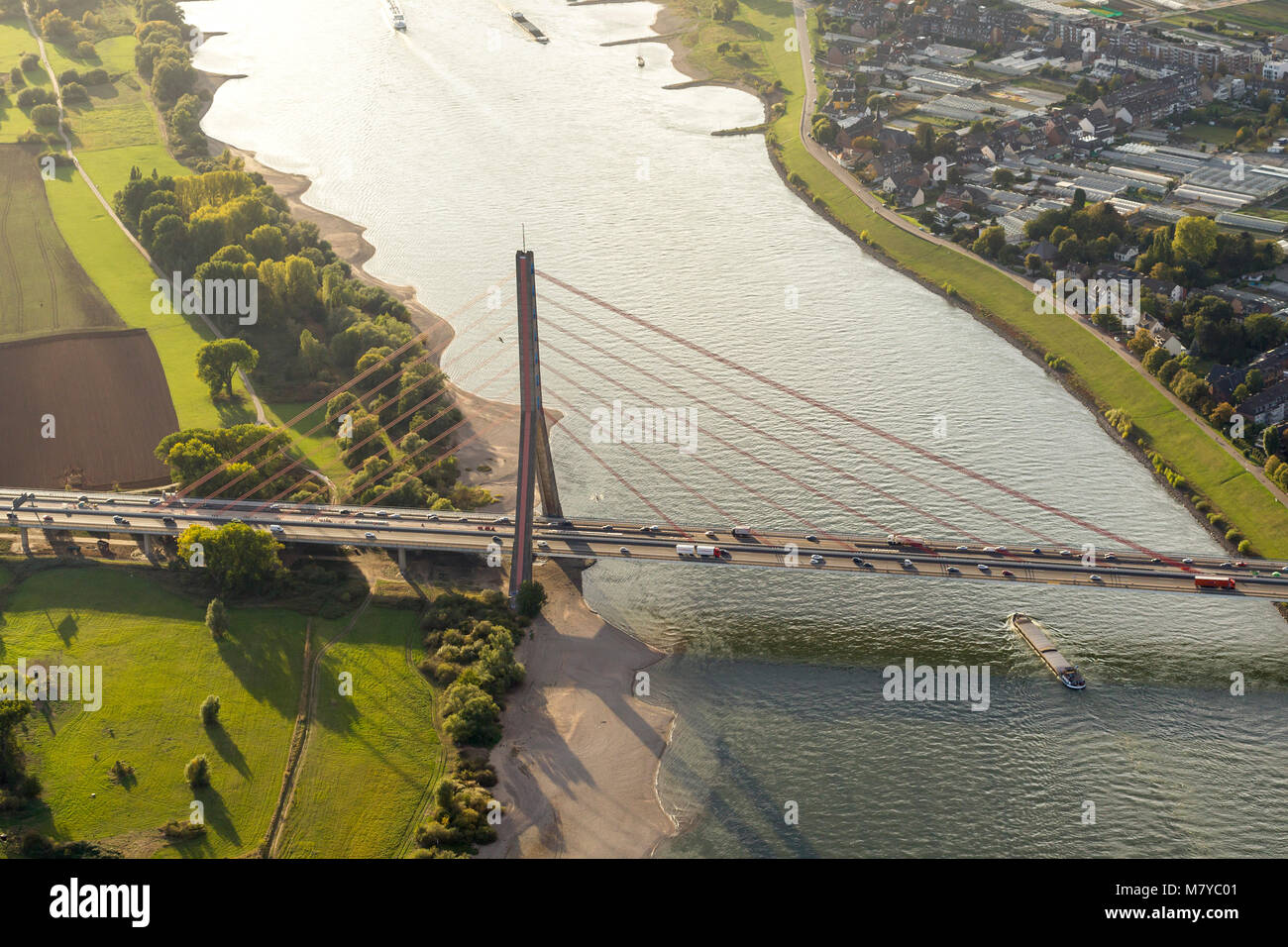 Aerial view, Fleher Bridge, Rhine, Duesseldorf, Rhineland, North Rhine ...