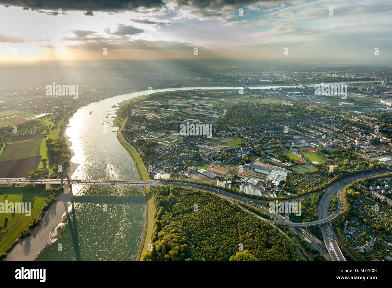Aerial view, Fleher Bridge, Rhine, Duesseldorf, Rhineland, North Rhine ...