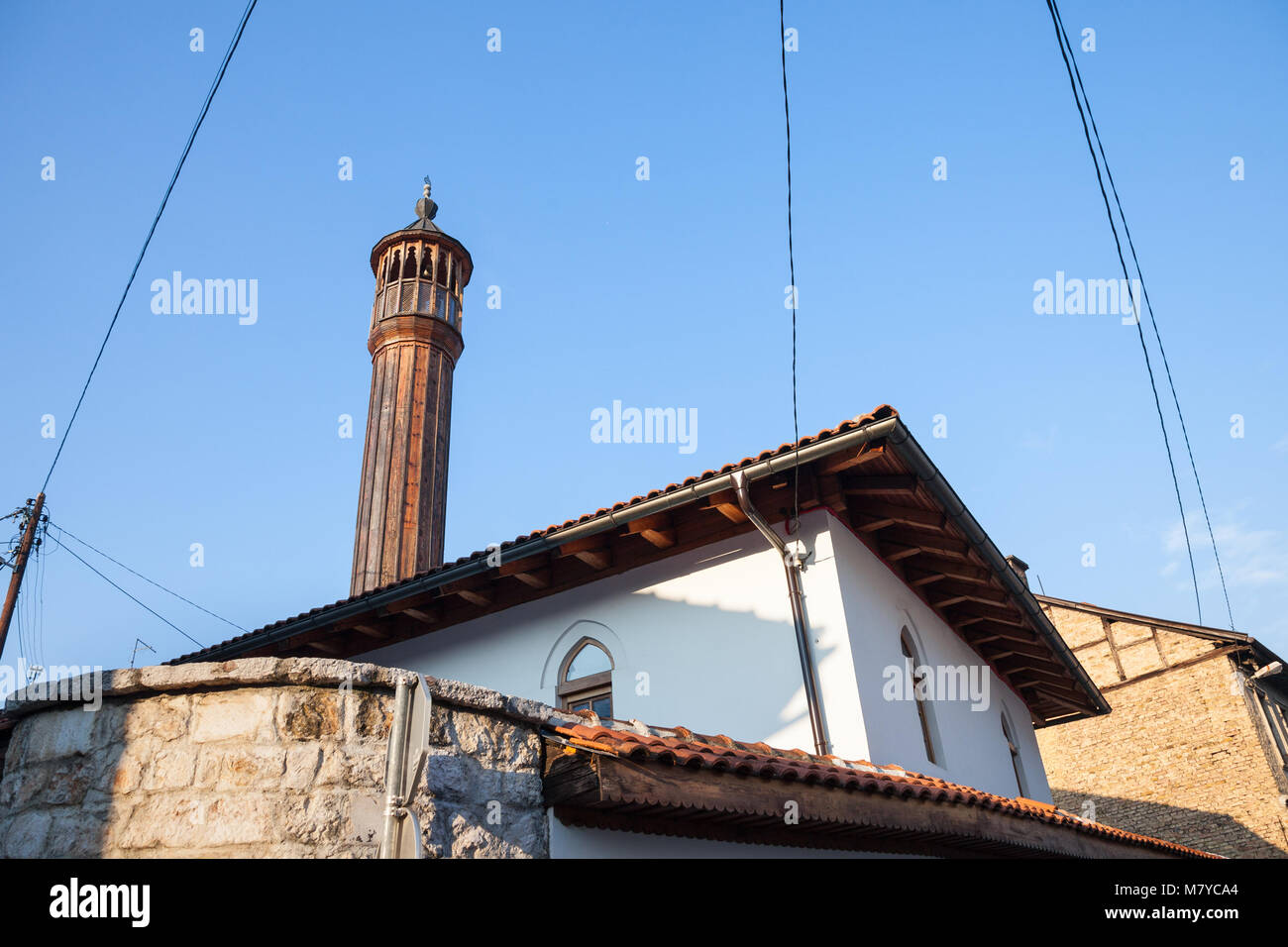 Old mosque with a wooden minaret taken in the older part of Sarajevo ...