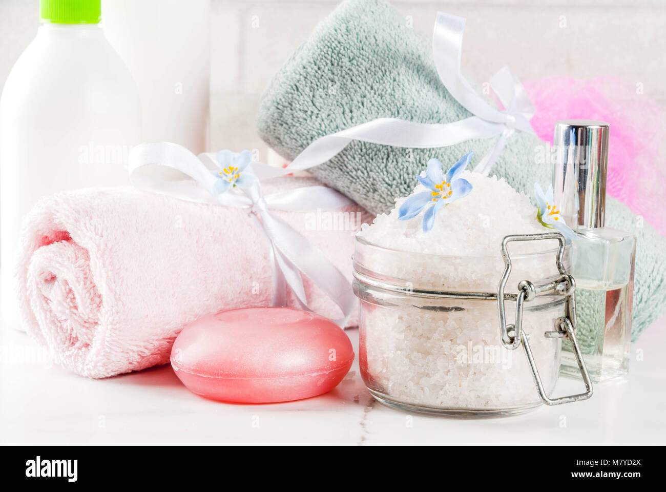 Spa relax and bath concept, sea salt, soap, with cosmetics and towels ...