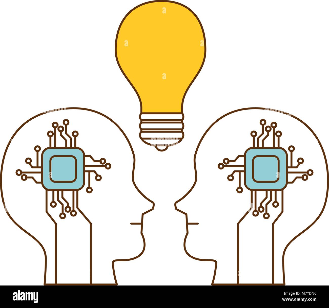 human profiles with electrical circuit and bulb vector illustration ...