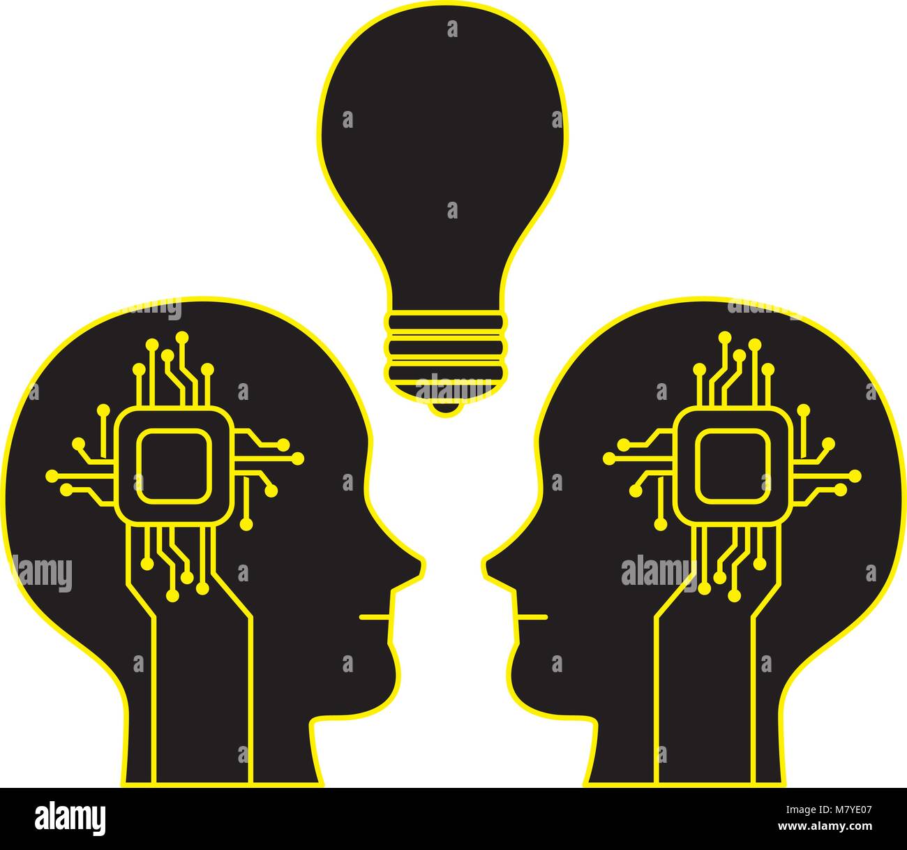 human profiles with electrical circuit and bulb vector illustration ...