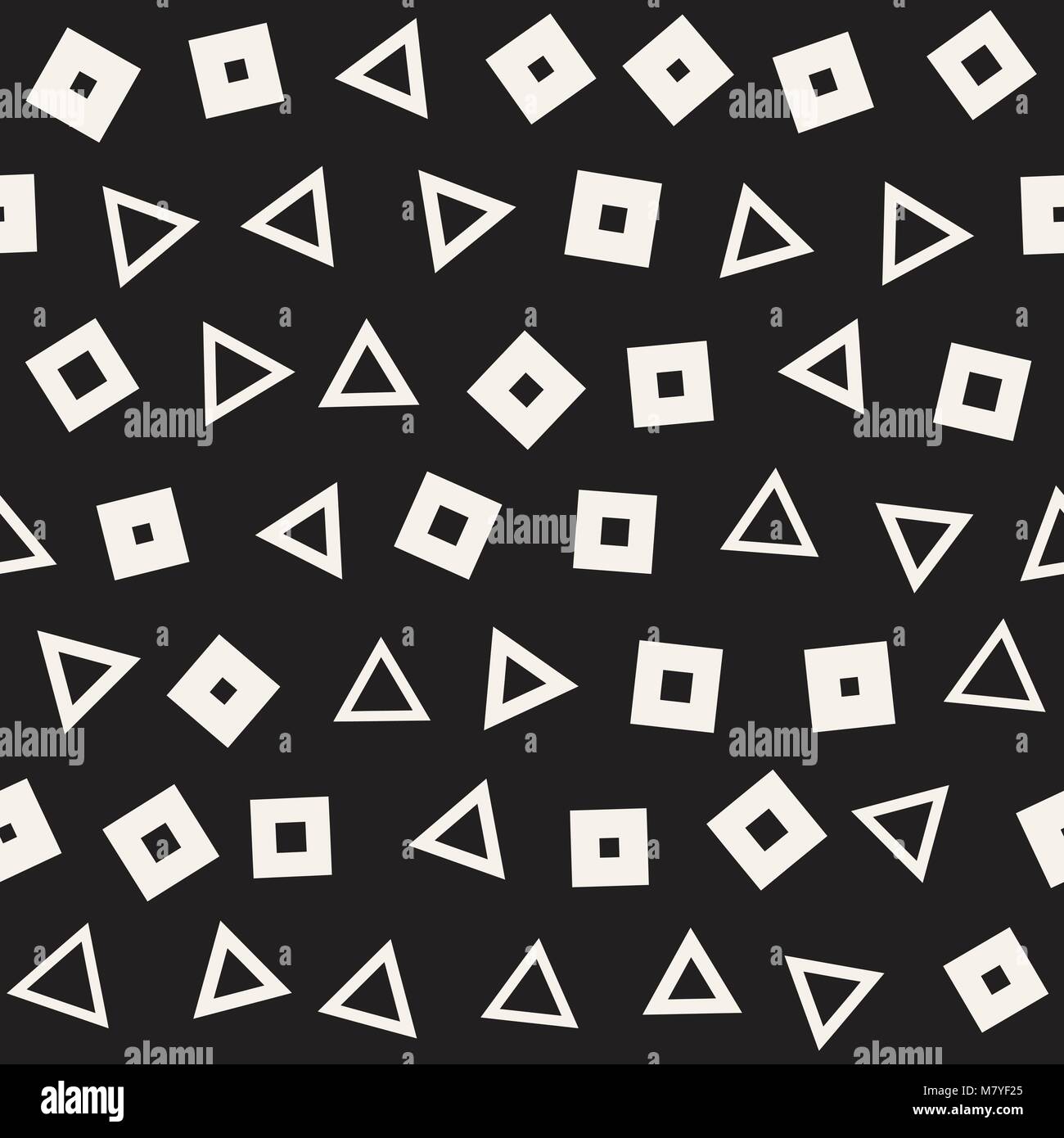 Seamless chaotic patterns. Randomly scattered geometric square triangle ...