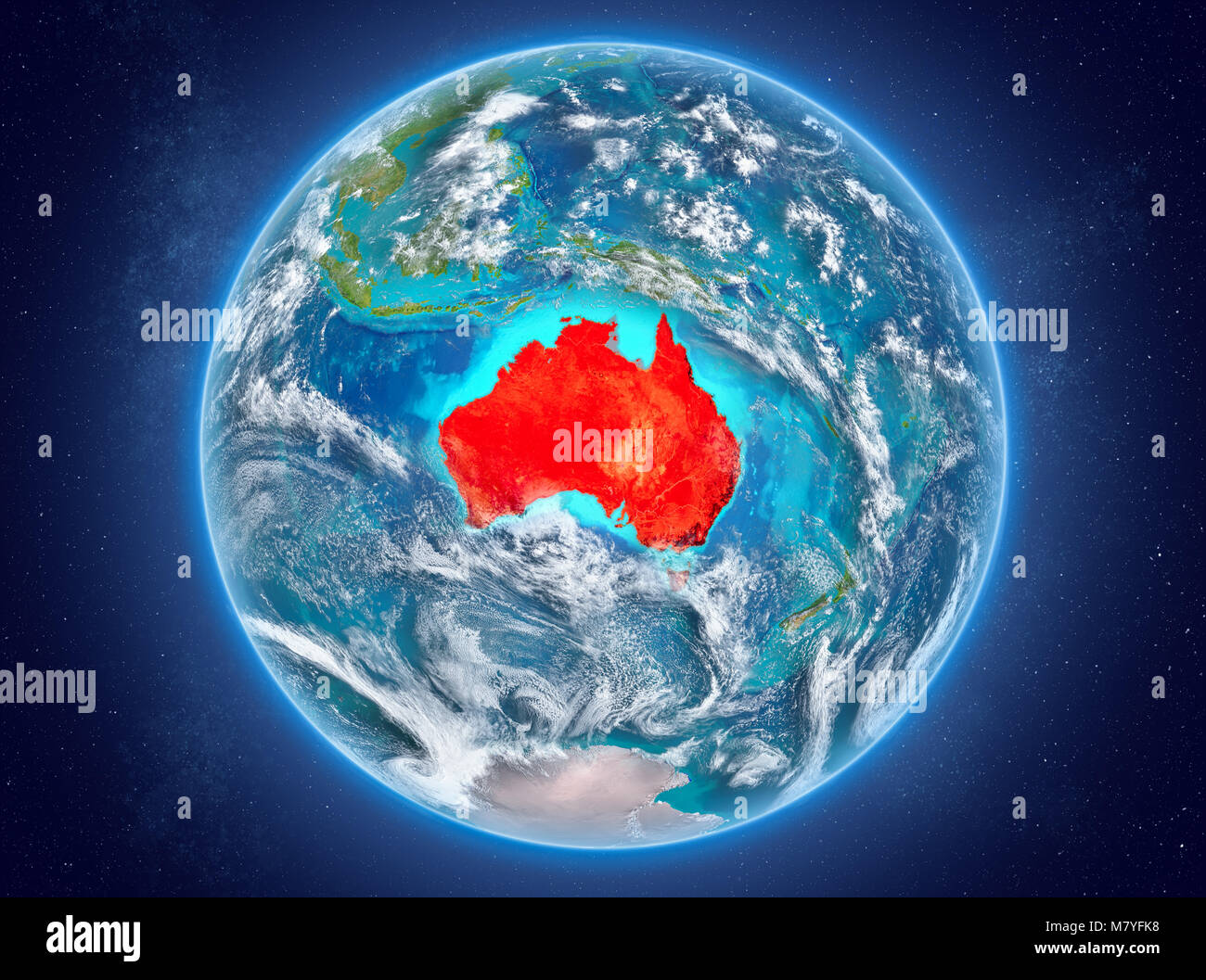 Australia in red on model of planet Earth with clouds and atmosphere in ...