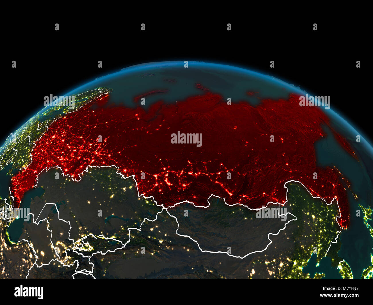 Space orbit view of Russia highlighted in red on planet Earth at night with visible country ...