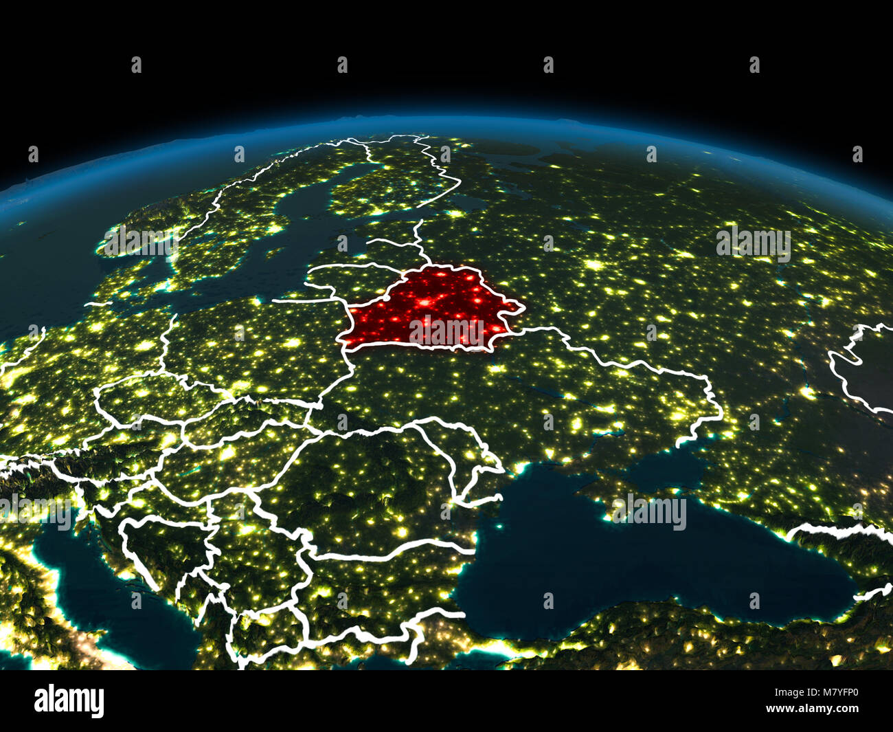 Space orbit view of Belarus highlighted in red on planet Earth at night with visible country ...