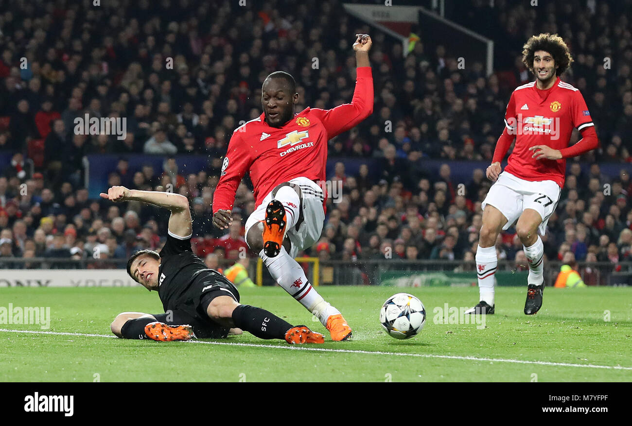 Manchester United's Romelu Lukaku has his shot blocked during the UEFA ...