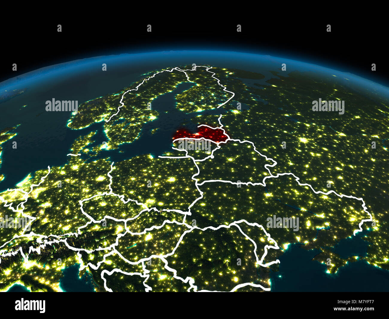 Space orbit view of Latvia highlighted in red on planet Earth at night with visible country ...